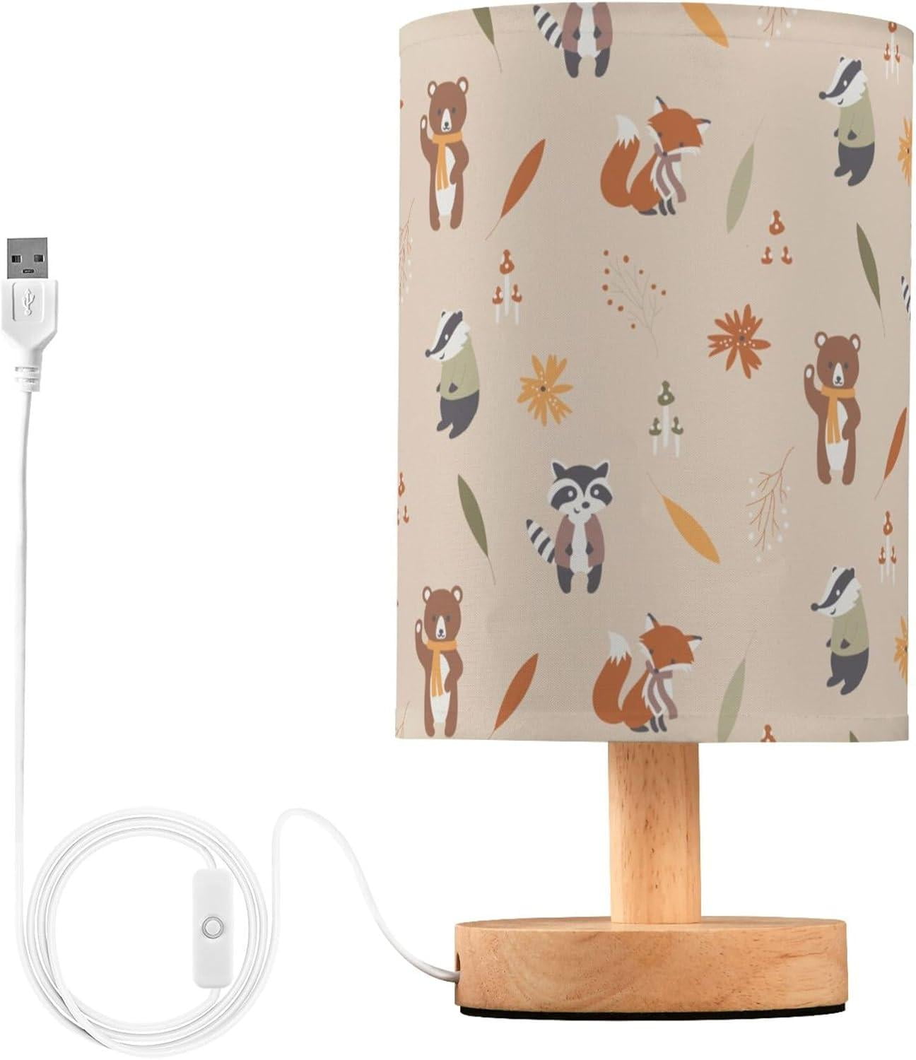 Autumn Pattern Fox Bear Raccoons Forest Mushroom Leaf Flower Table Lamp ...