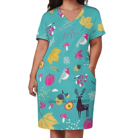 Autumn Pattern Loose Pocket Dress Print Short Sleeve Dresses V-Neck ...