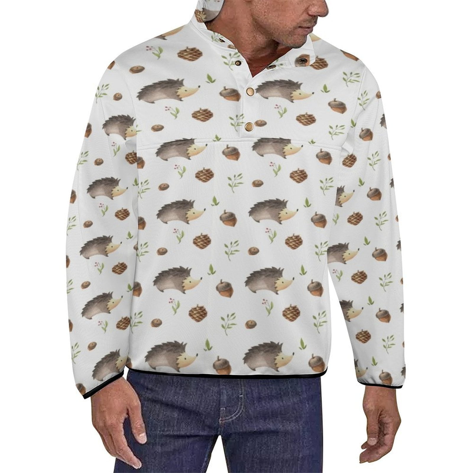 Autumn Pattern with Hedgehogand Acorn Men's Stand Collar Sweater Long ...