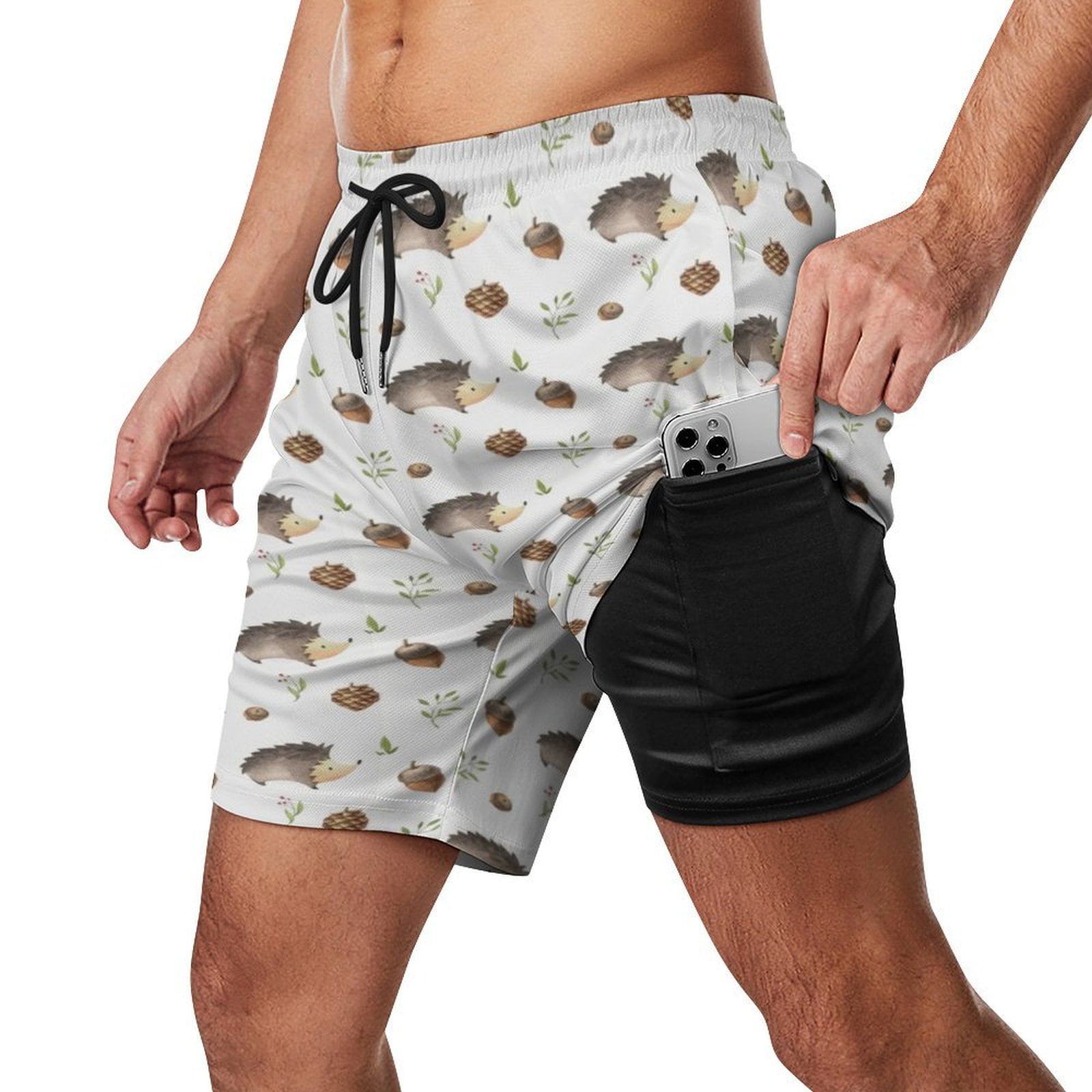 Autumn Pattern with Hedgehogand Acorn Quick Dry Swimming Shorts For Men ...
