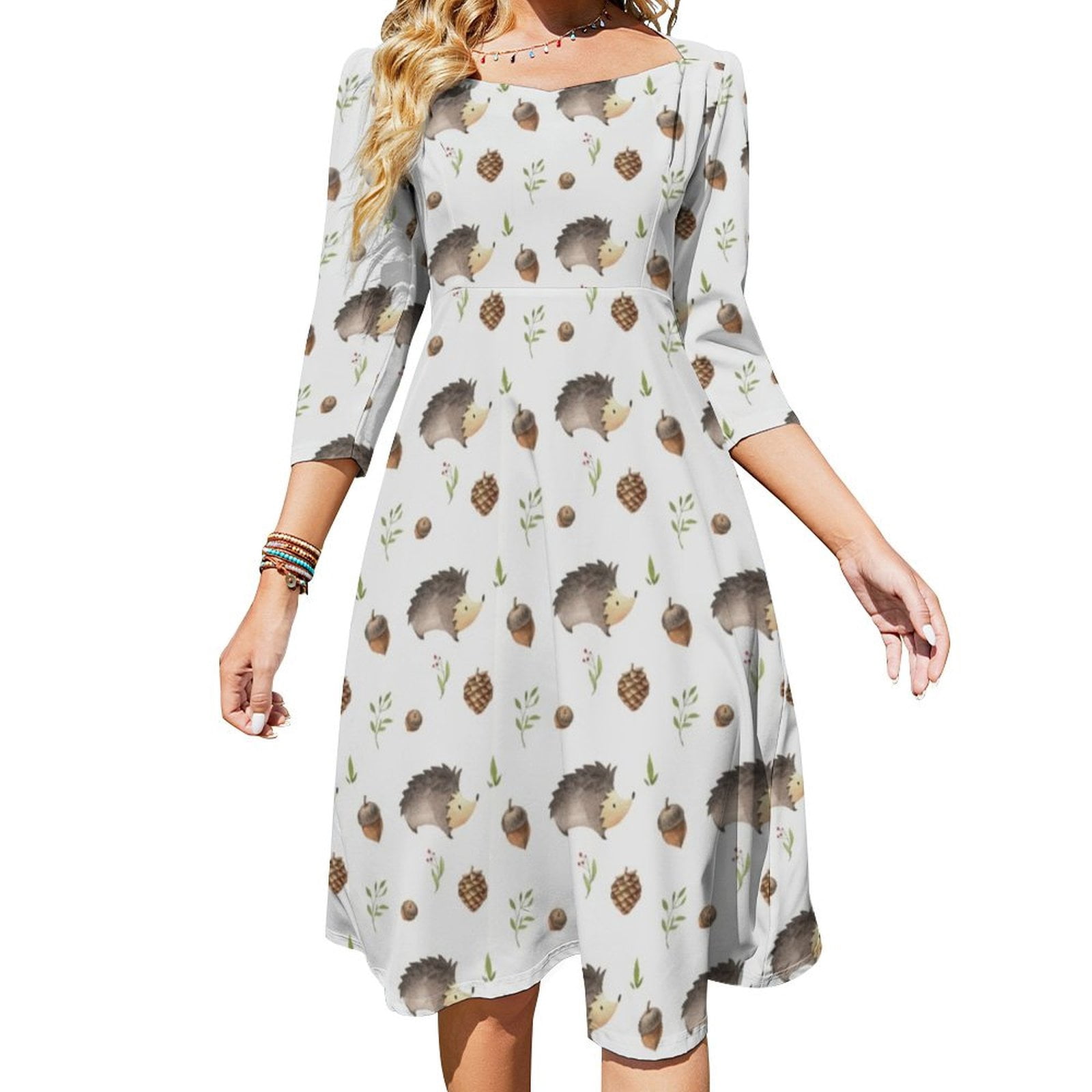 Autumn Pattern with Hedgehogand Acorn Sweetheart Knot Flared Dress ...