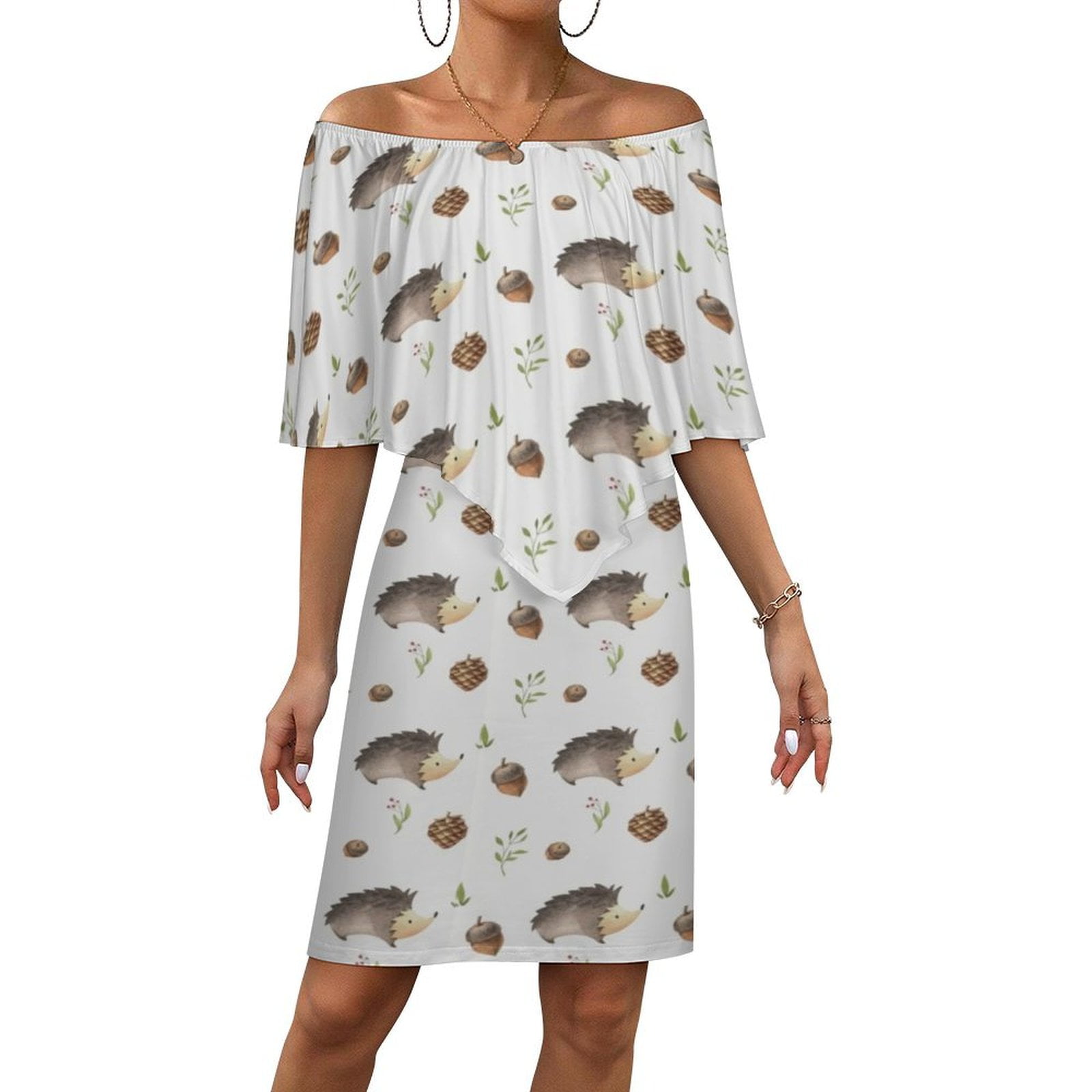 Autumn Pattern with Hedgehogand Acorn Women's Off The Shoulder Ruffles ...