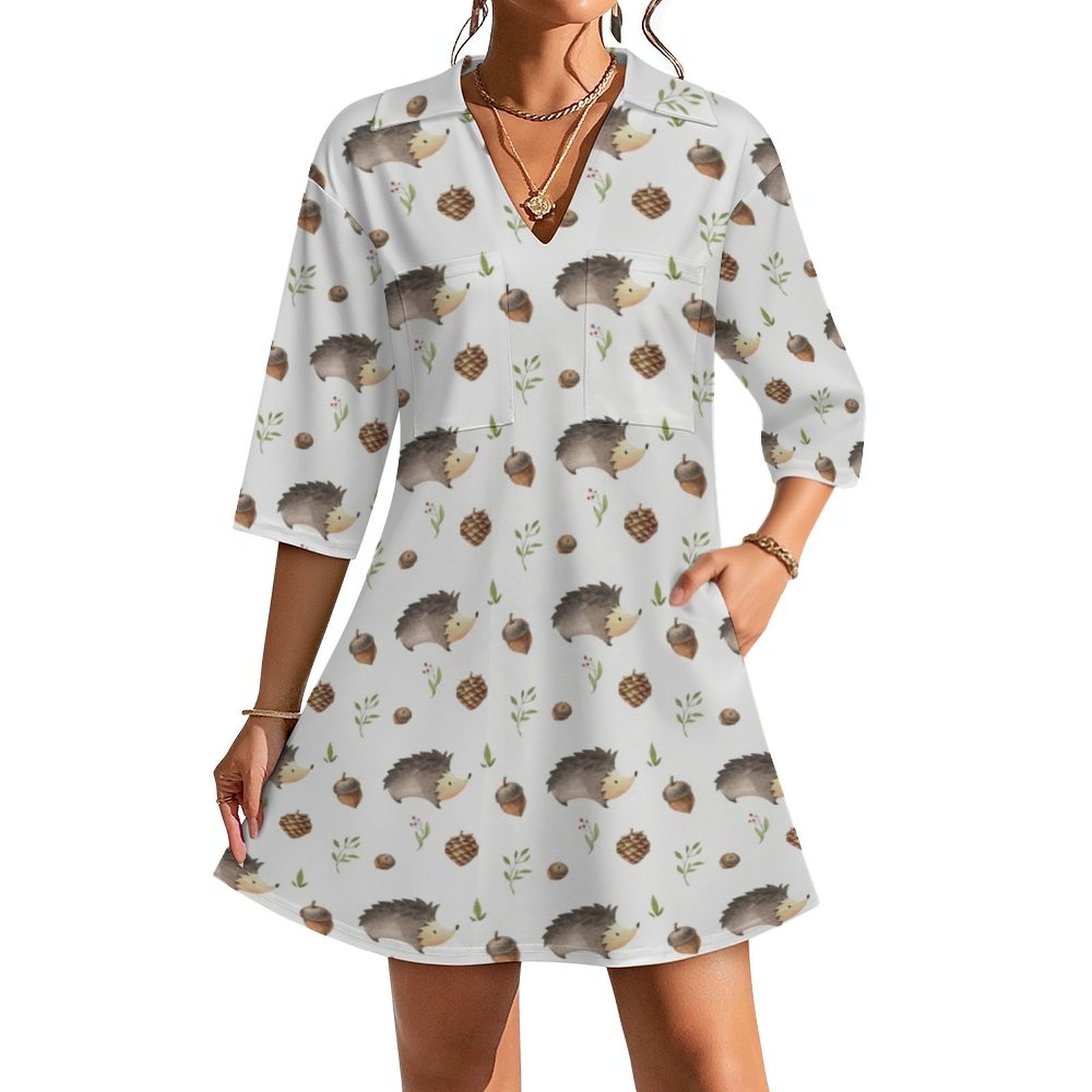 Autumn Pattern with Hedgehogand Acorn Womens Dress With Pockets Summer ...