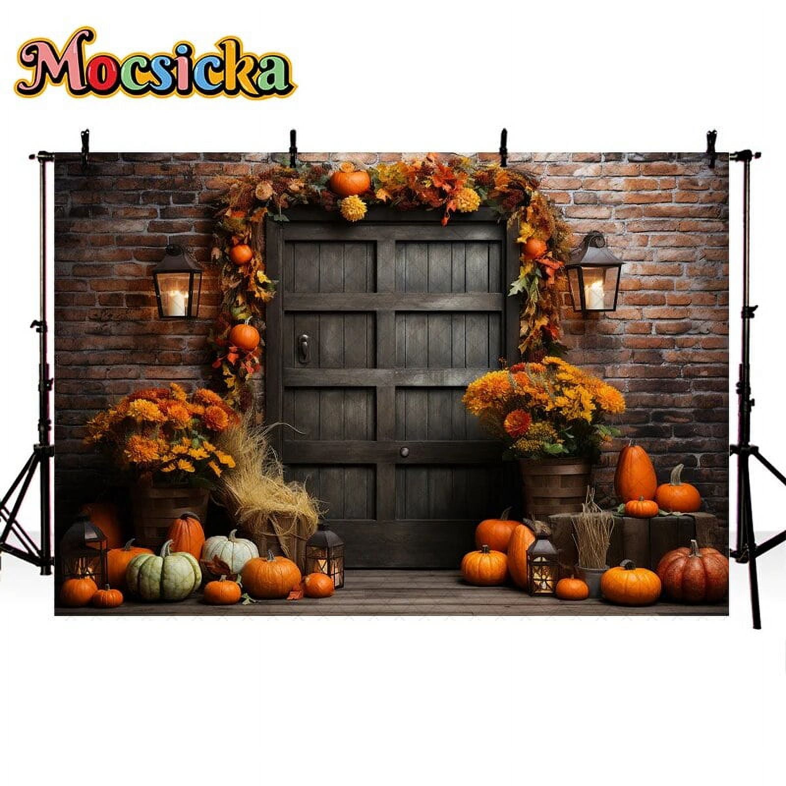 Autumn Photography Backdrop Wooden Door Brick Wall Fall Pumpkin Maple ...