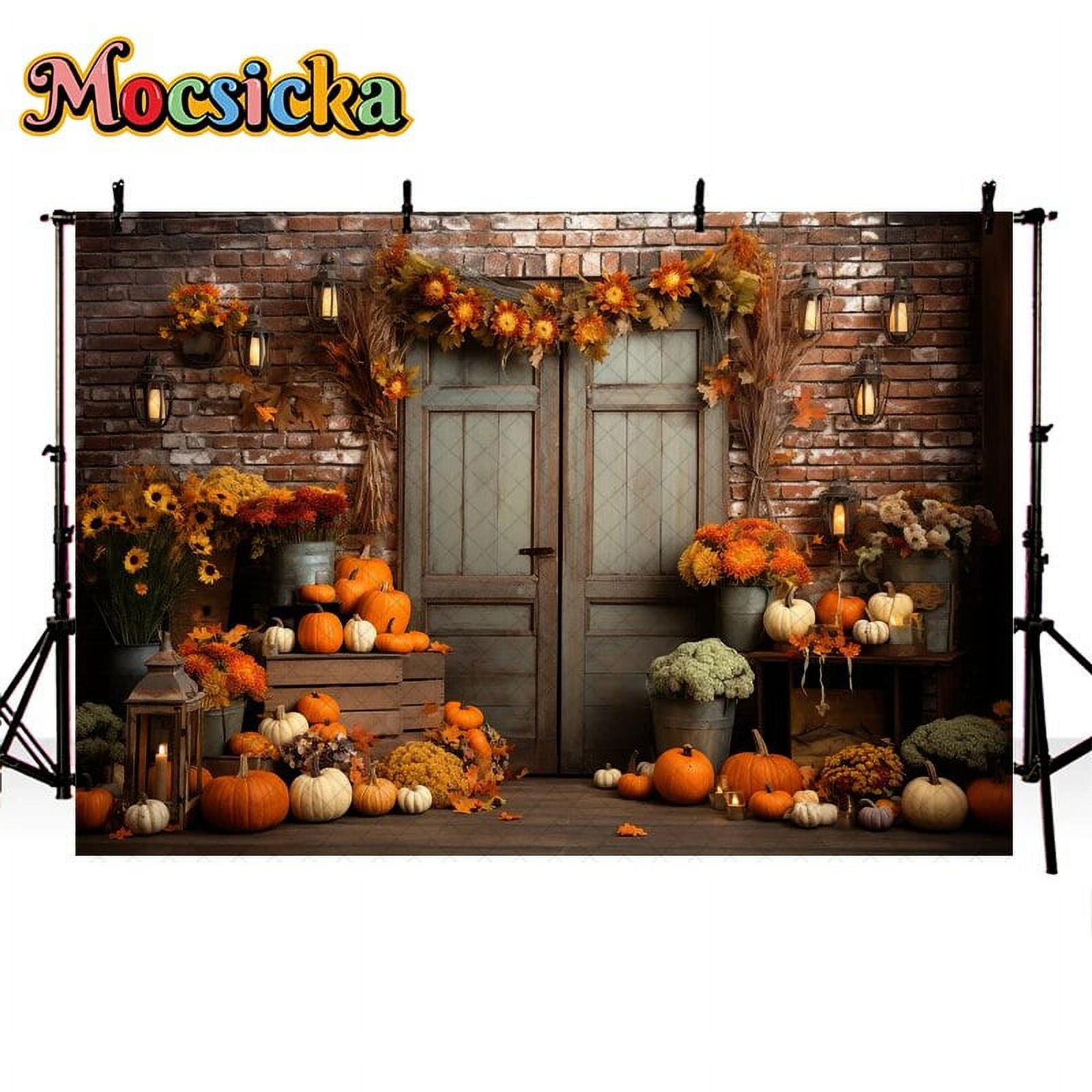 Autumn Photography Backdrop Wooden Door Brick Wall Fall Pumpkin Maple ...