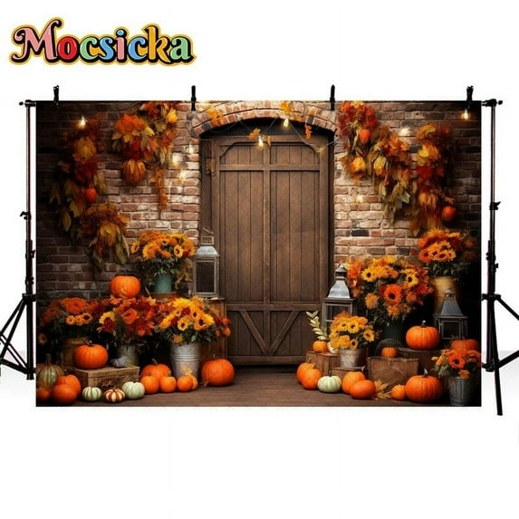 Autumn Photography Backdrop Wooden Door Brick Wall Fall Pumpkin Maple ...