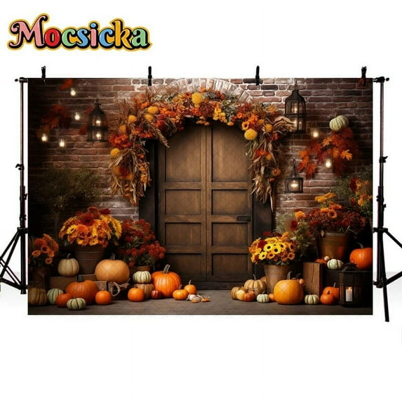 Autumn Photography Backdrop Wooden Door Brick Wall Fall Pumpkin Maple ...