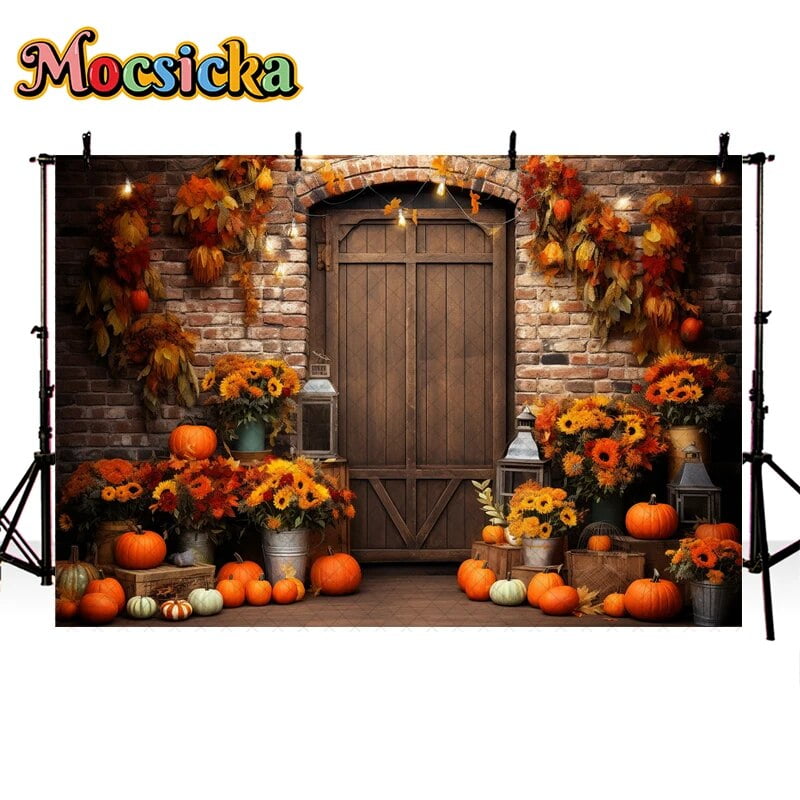 Autumn Photography Backdrop Wooden Door Brick Wall Fall Pumpkin Maple ...