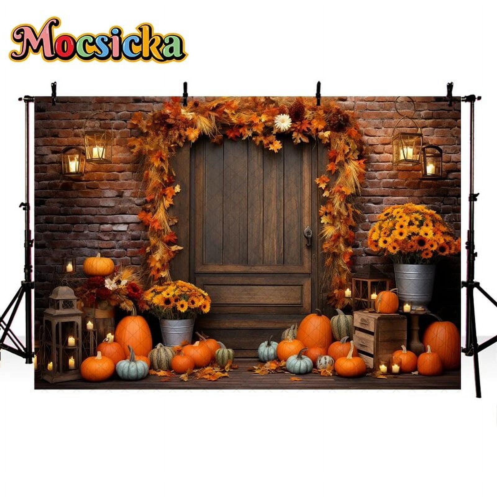 Autumn Photography Backdrop Wooden Door Brick Wall Fall Pumpkin Maple ...