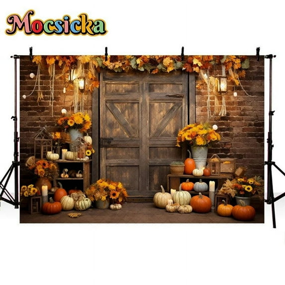 Autumn Photography Backdrop Wooden Door Brick Wall Fall Pumpkin Maple ...