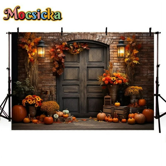 Autumn Photography Backdrop Wooden Door Brick Wall Fall Pumpkin Maple ...