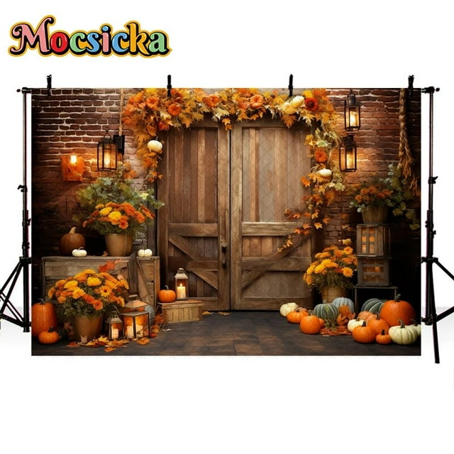 Autumn Photography Backdrop Wooden Door Brick Wall Fall Pumpkin Maple ...