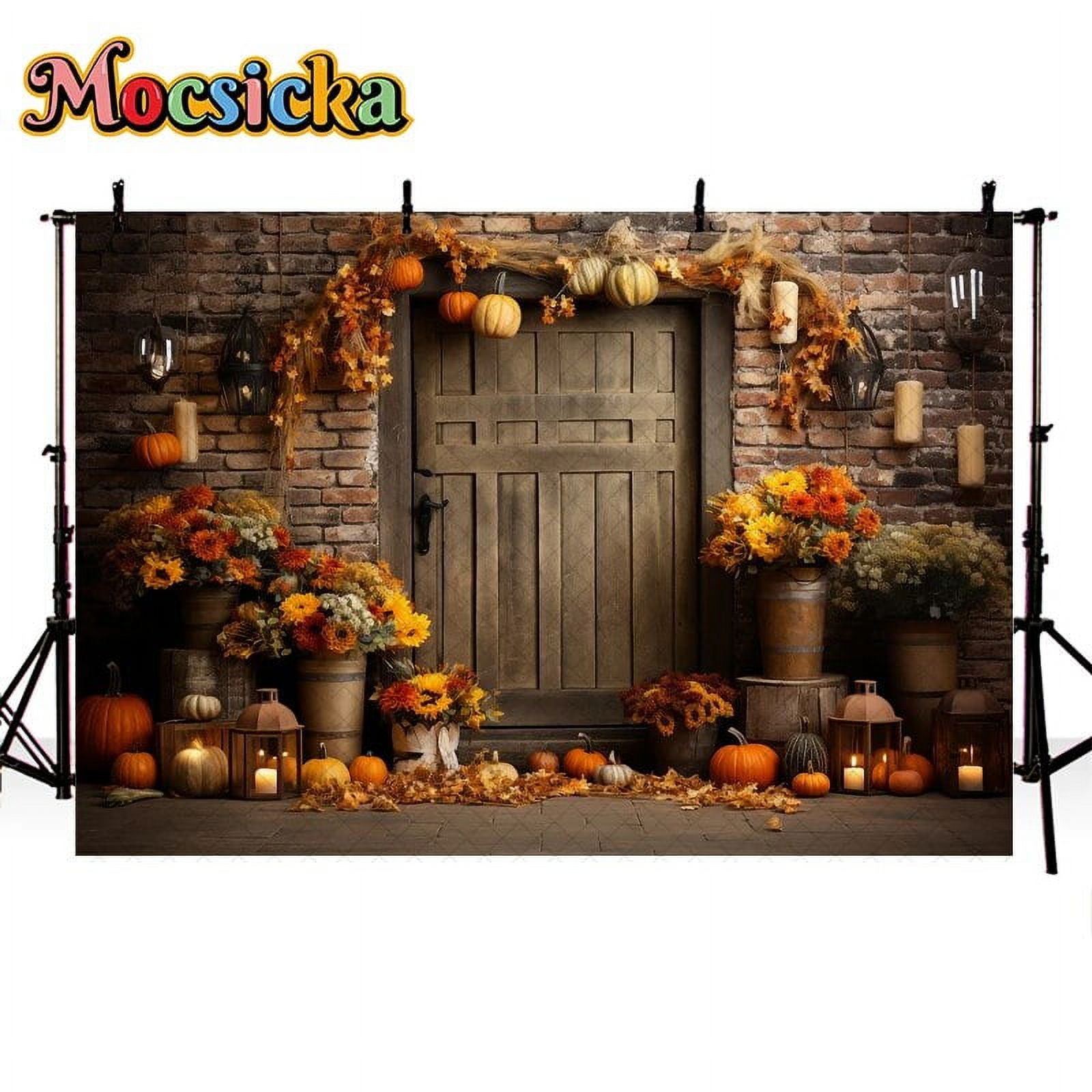 Autumn Photography Backdrop Wooden Door Brick Wall Fall Pumpkin Maple ...