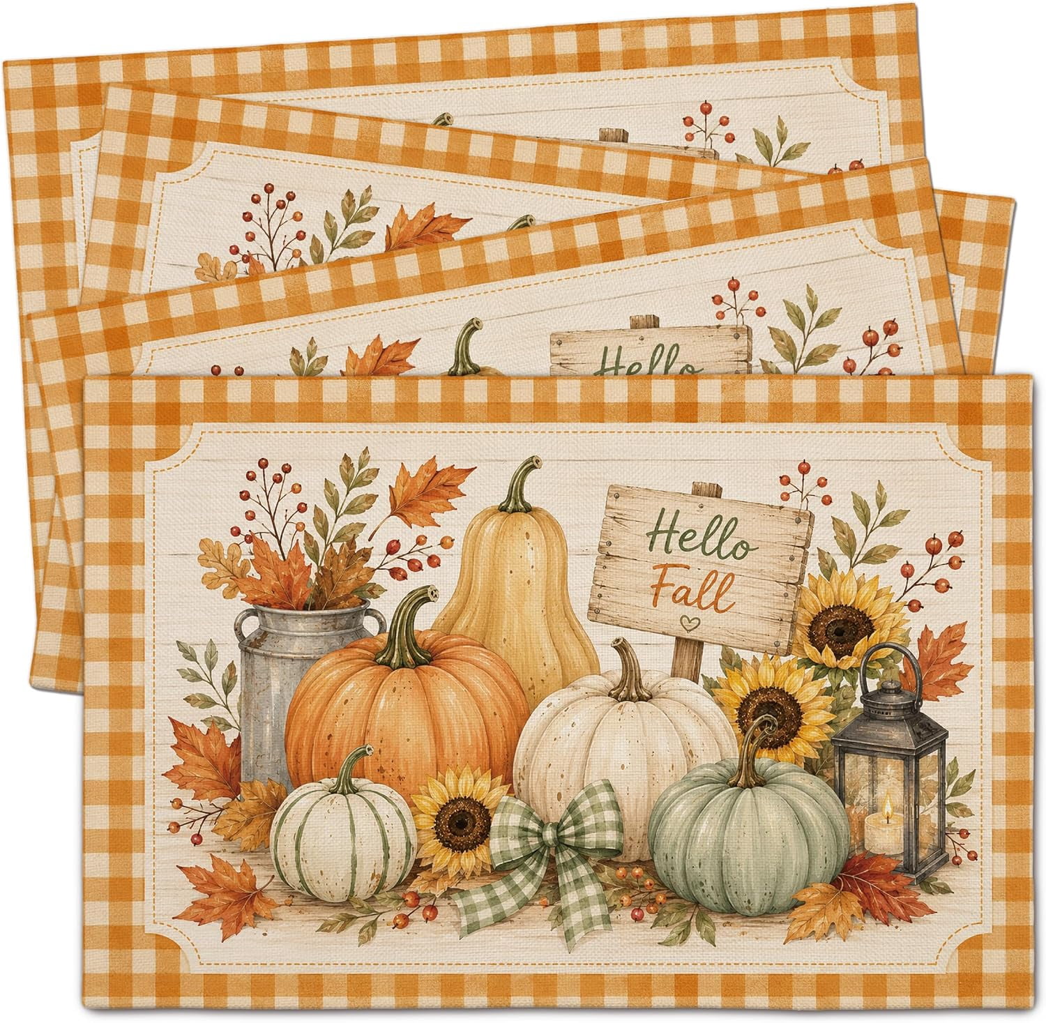 Autumn Placemats Set of 4, Hello Fall Table Mats for Dining Kitchen ...