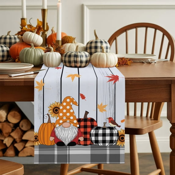 Autumn Plaid Pumpkins on Wood Table Runner 13x36in Non-Slip Cotton ...