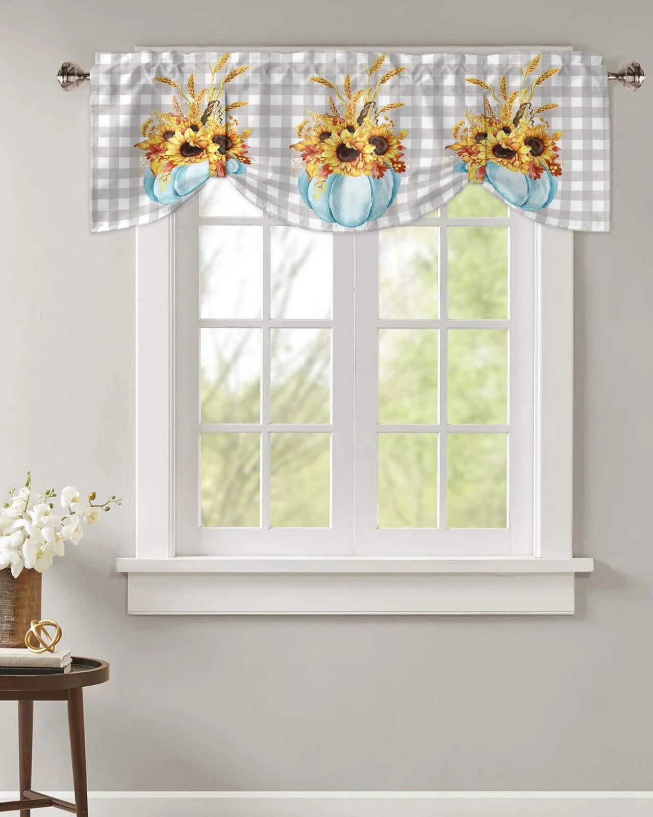 Autumn Plaid Watercolor Pumpkin Kitchen Valance Curtain Window Valance ...