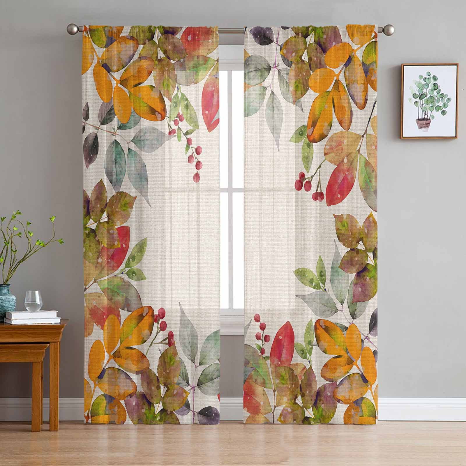 Autumn Plant Leaves Watercolor Window Tulle Curtains for Living Room ...