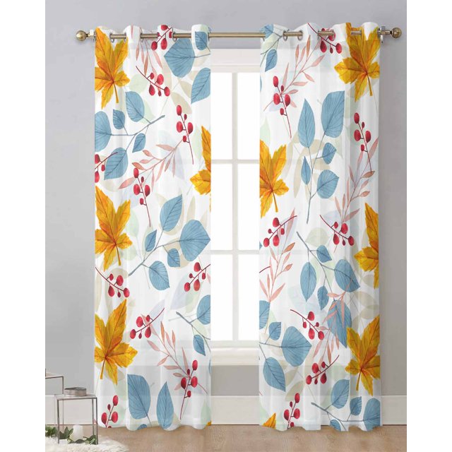 Autumn Plant Maple Leaves Gray Leaves Watercolor Modern Tulle Curtains ...