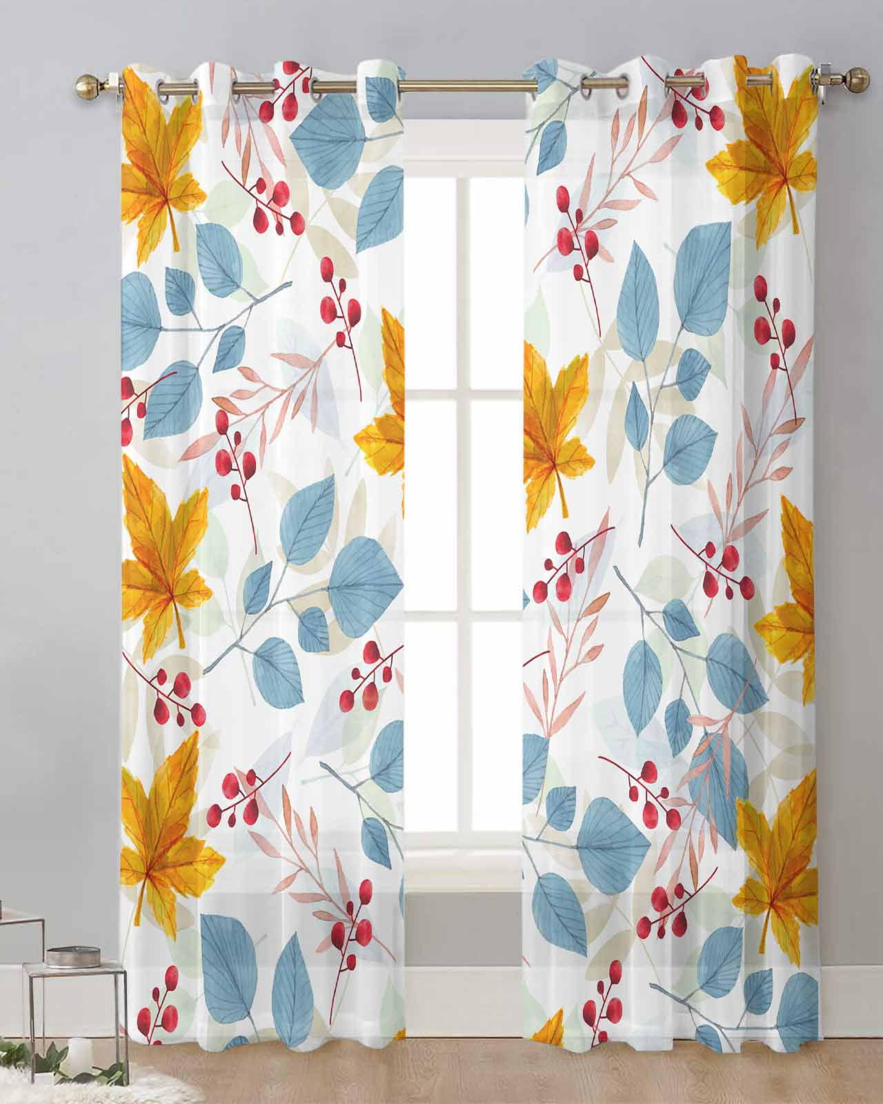 Autumn Plant Maple Leaves Gray Leaves Watercolor Voile Curtain Window ...