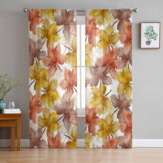 Autumn Plant Maple Leaves Watercolor Tulle Curtains for Living Room ...