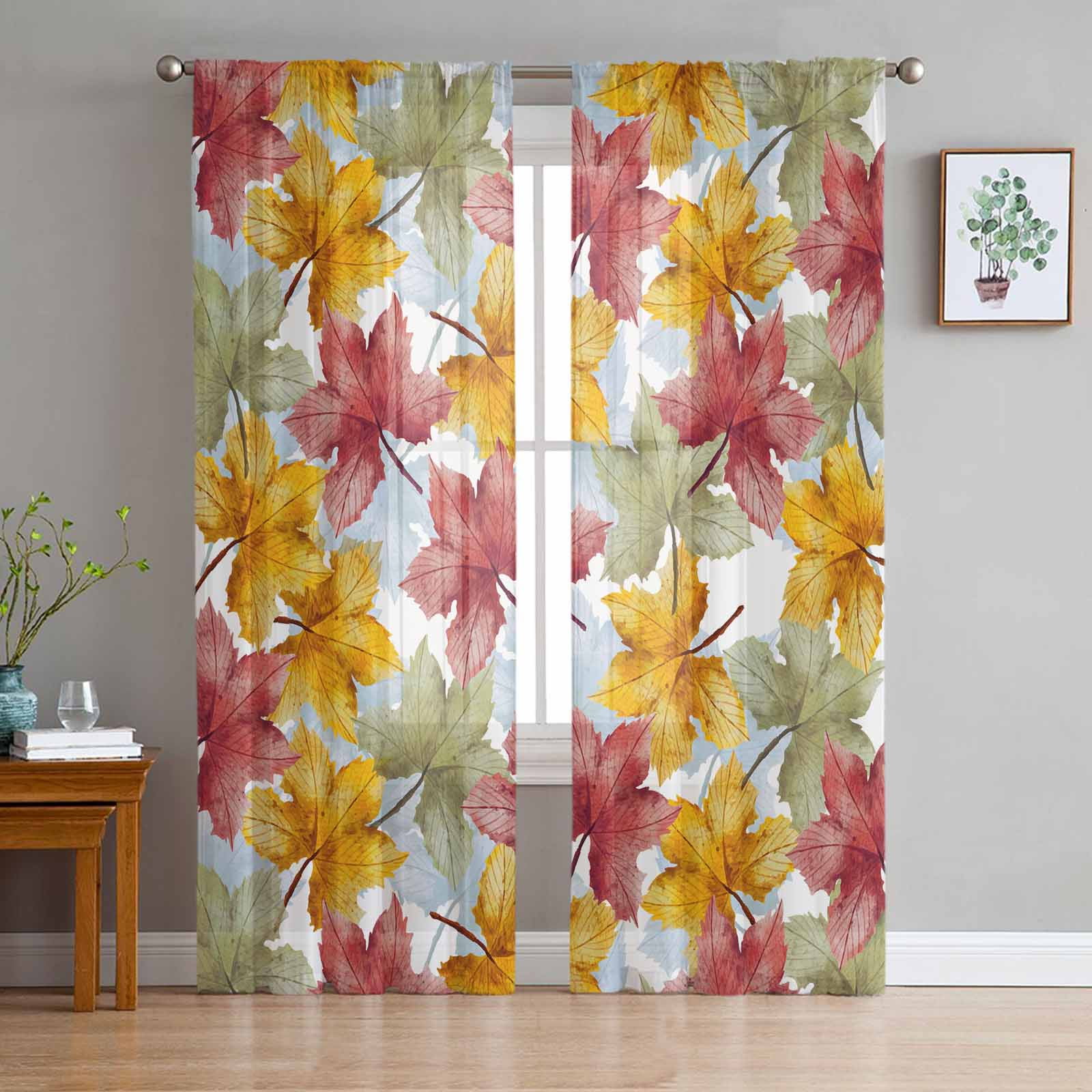 Autumn Plant Maple Leaves Watercolor Window Tulle Curtains for Living ...