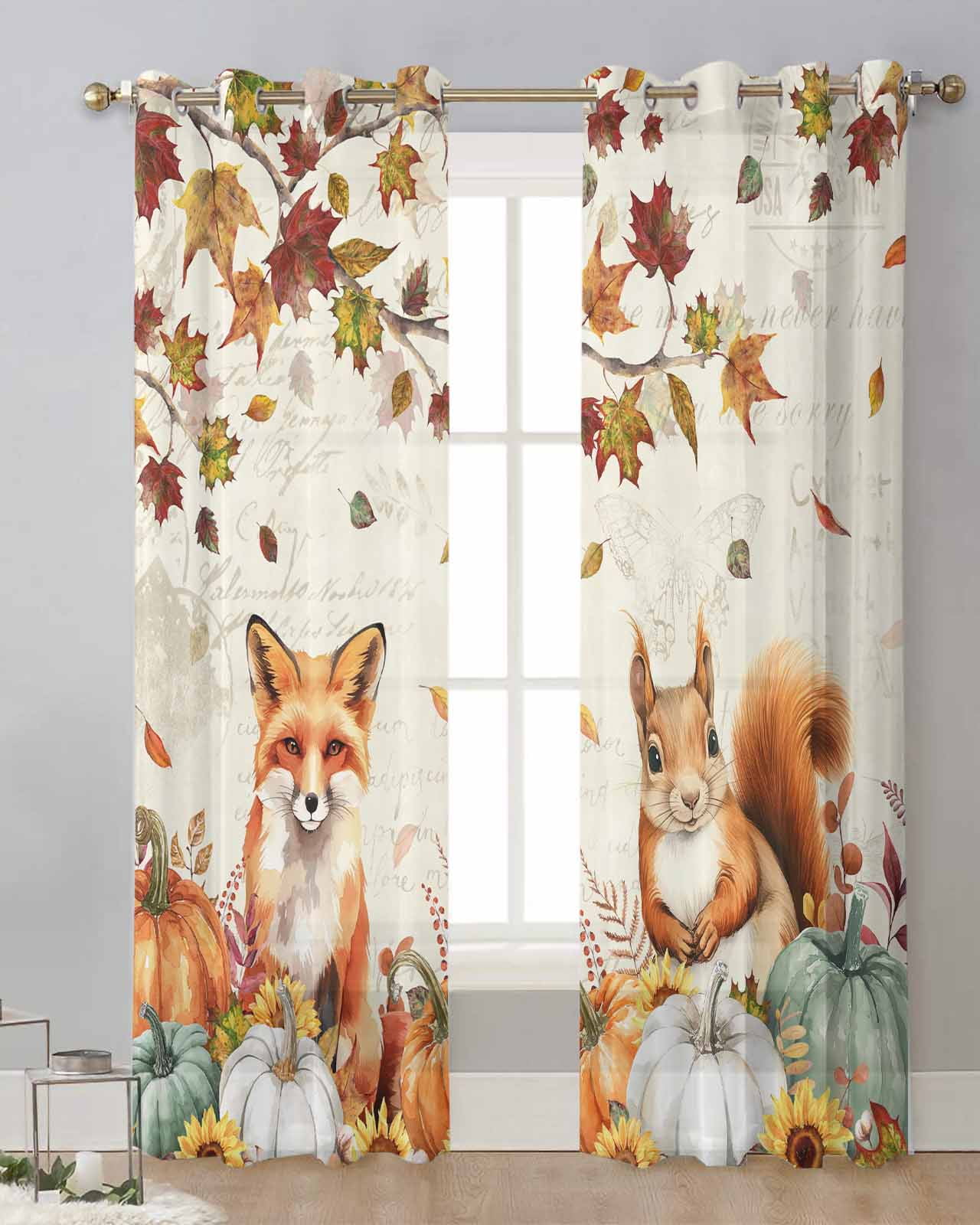 Autumn Plant Wheat Ears Daisy Fox Watercolor Voile Curtain Window ...