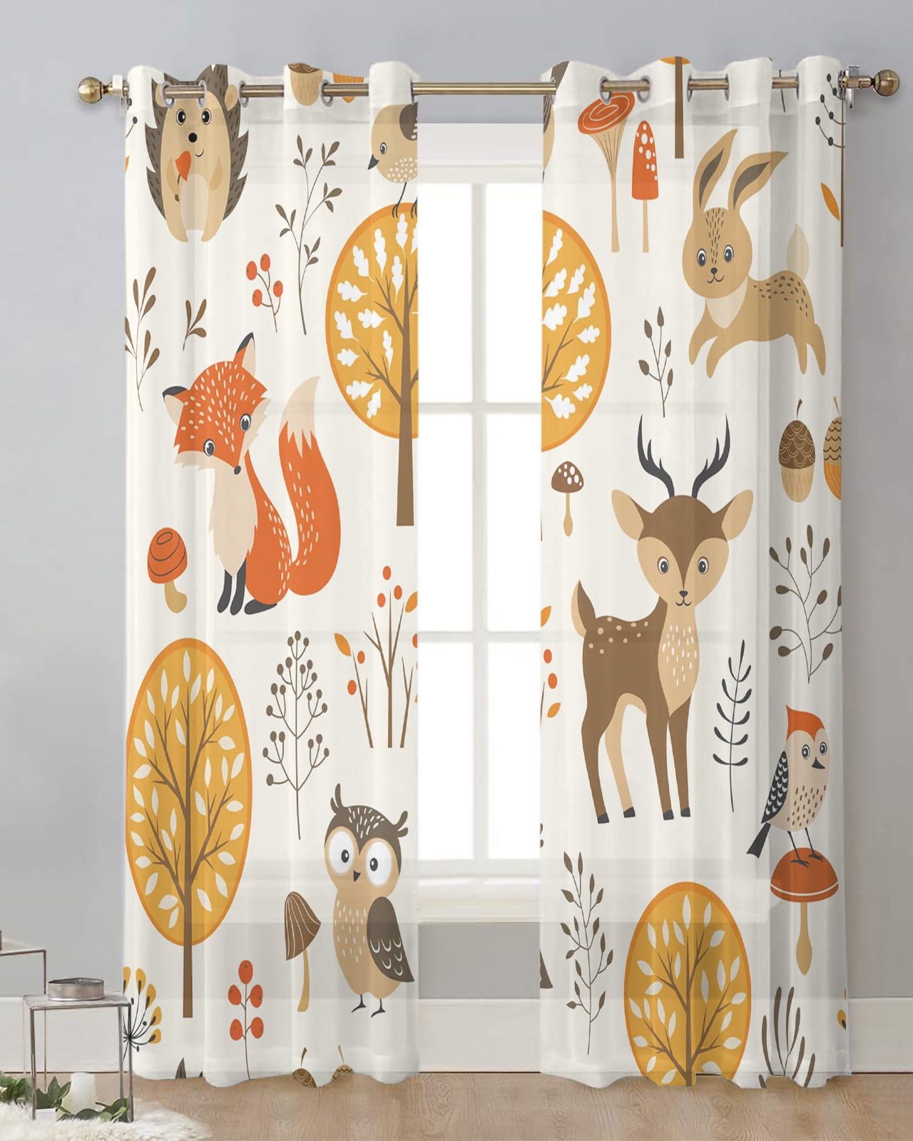 Autumn Plant Wheat Ears Daisy Fox Watercolor Voile Curtain Window ...