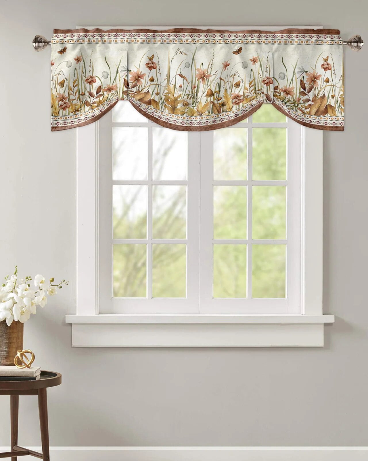 Autumn Plants Flowers Rustic Vintage Kitchen Valance Curtain Window ...