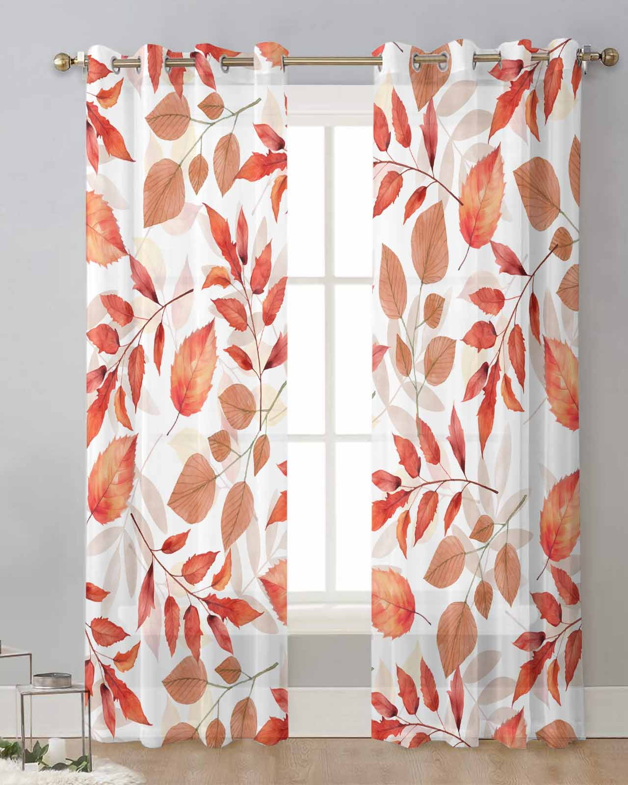 Autumn Plants Leaves Watercolor Countryside Voile Curtain Window ...