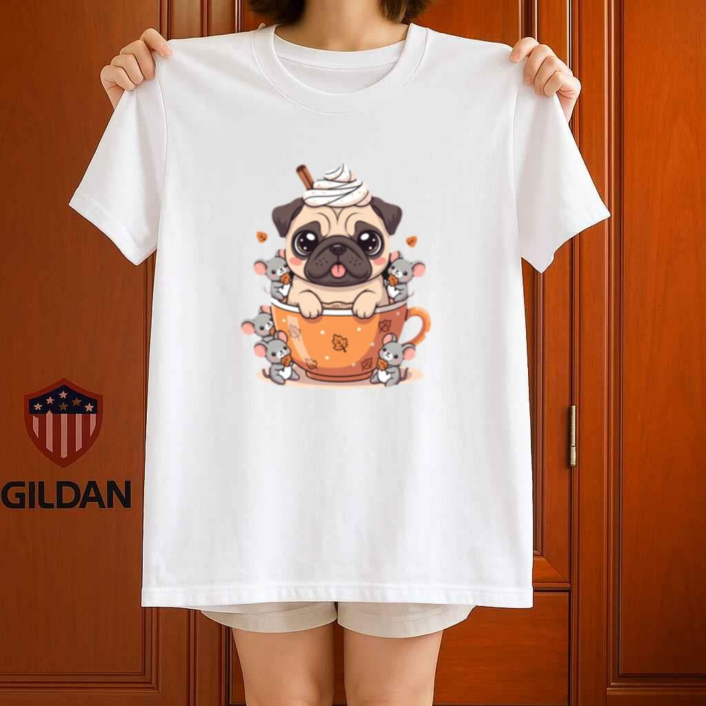 Autumn Pug In Pumpkin Spice Mug With Cute Mice Friends Unisex T-Shirt ...