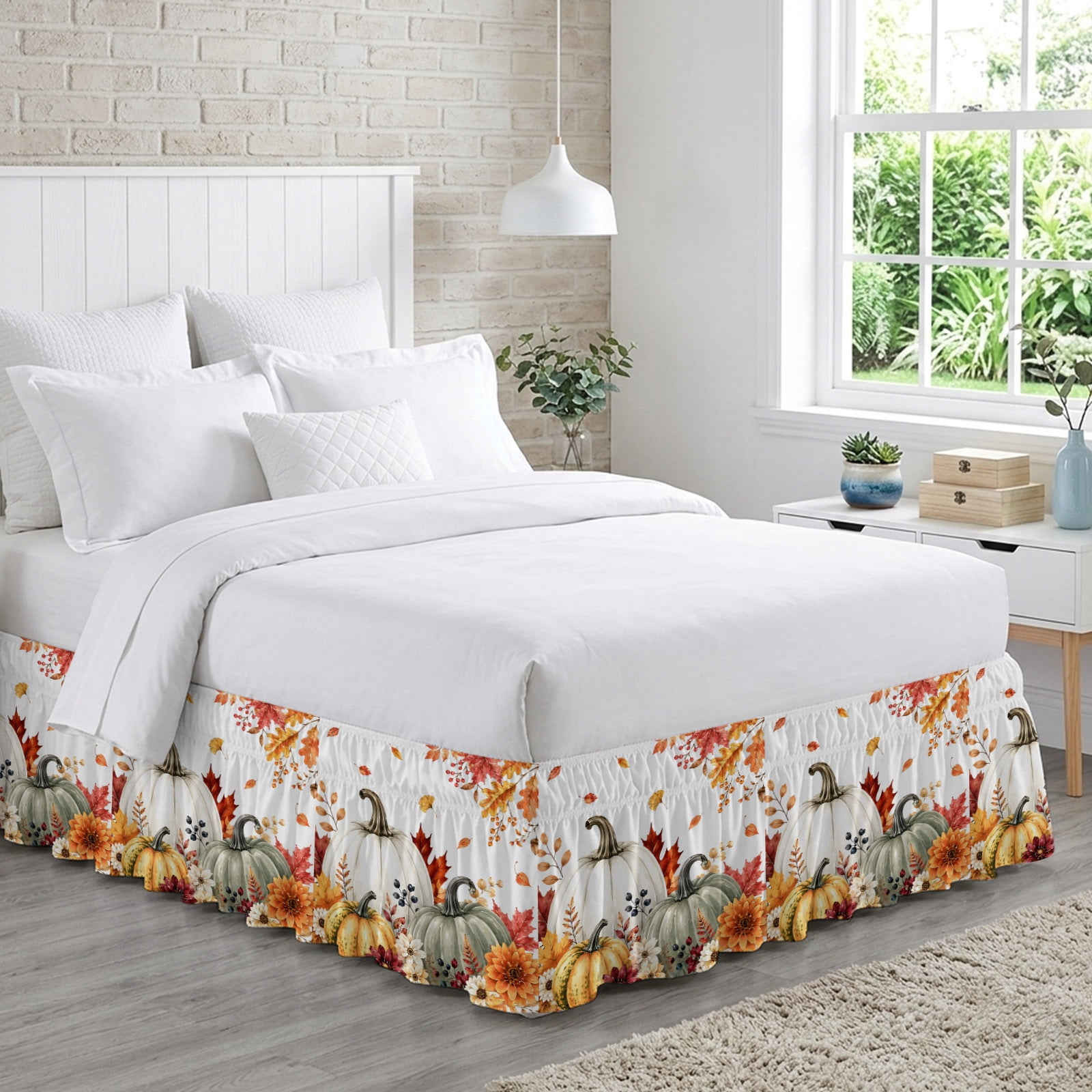 Autumn Pumpkin Bed Skirt Queen Size 16 Inch Drop, Orange White Fruits ...