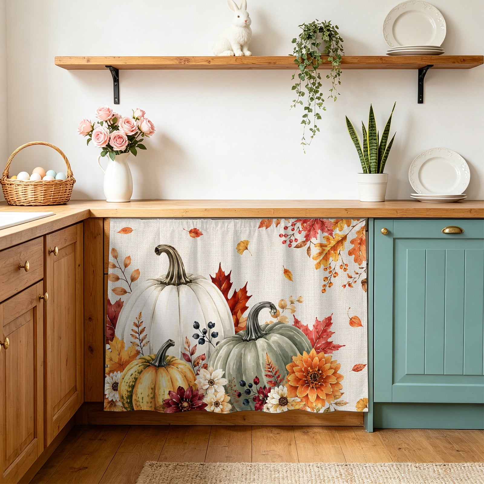 Autumn Pumpkin Cabinet Curtains 10" W x 11" L, Orange White Fruits Fall ...