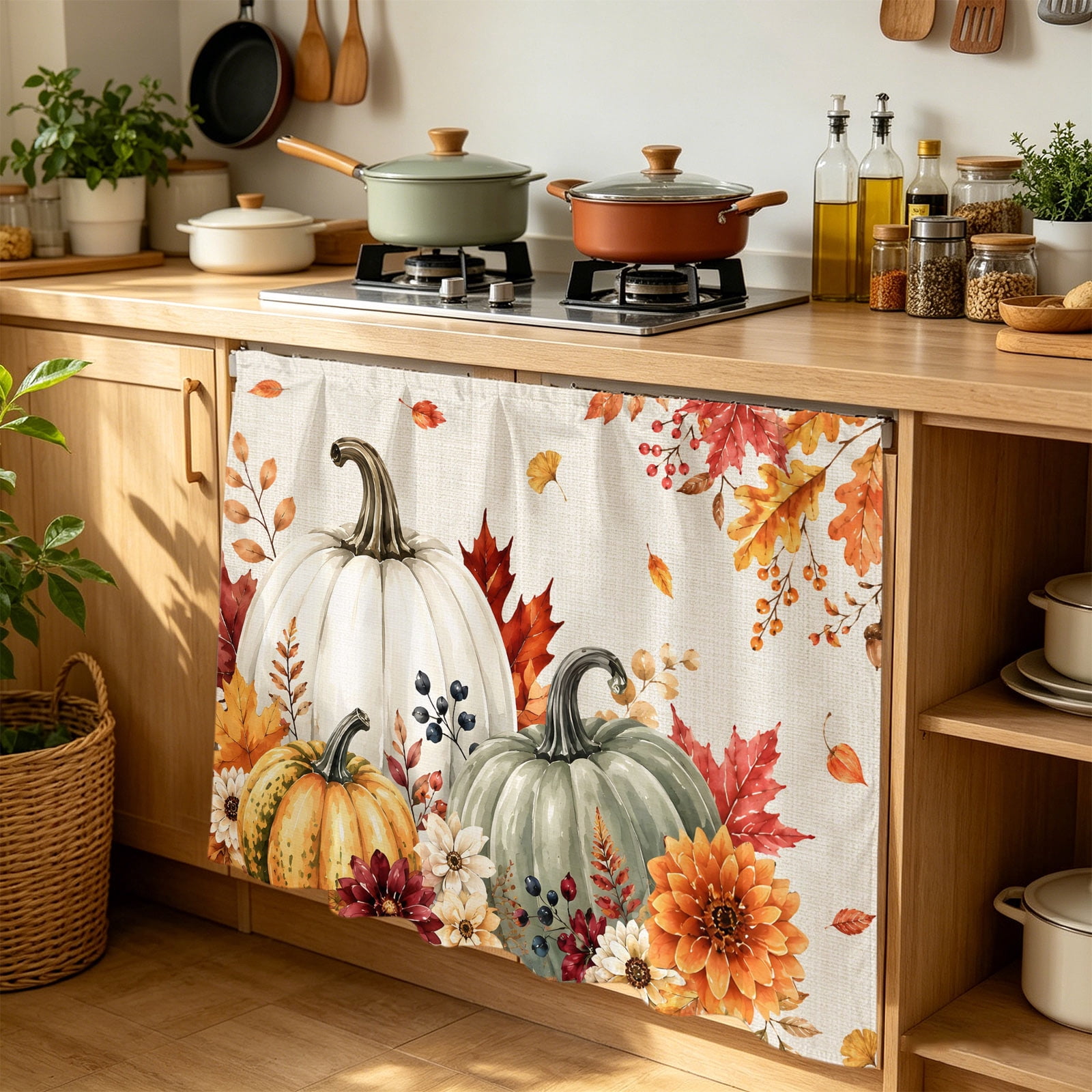 Autumn Pumpkin Cabinet Curtains 35" W x 35" L, Orange White Fruits Fall ...