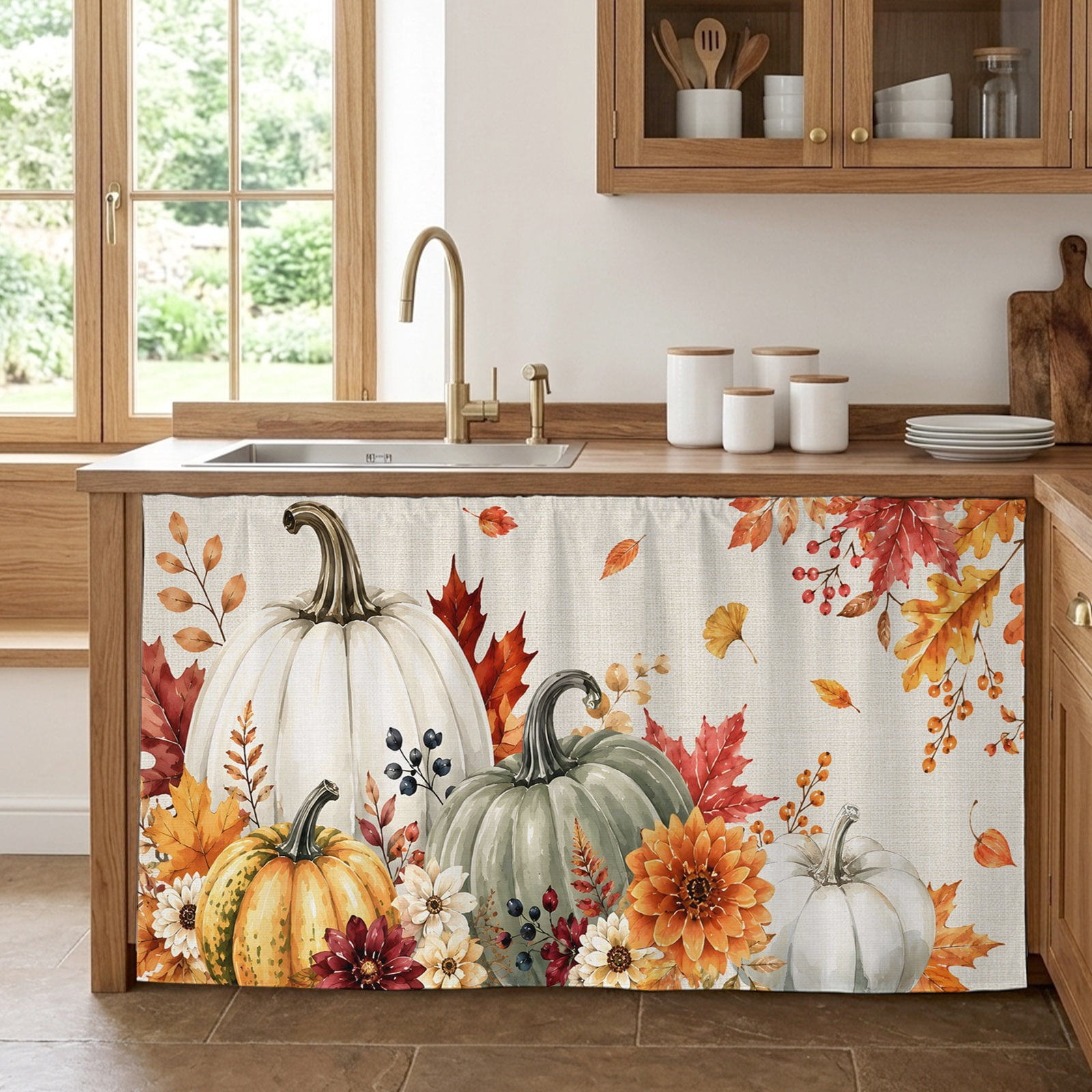Autumn Pumpkin Cabinet Curtains for Kitchen 28"W x 51"L, Orange White ...