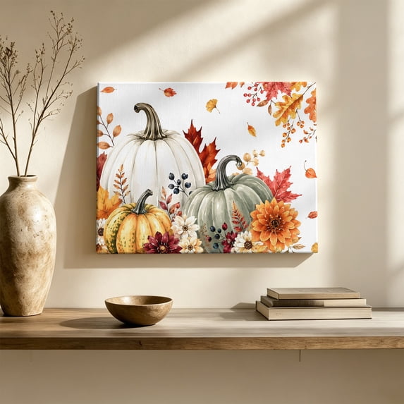 Autumn Pumpkin Canvas Wall Art, Orange White Fruits Fall Maple Leaf ...