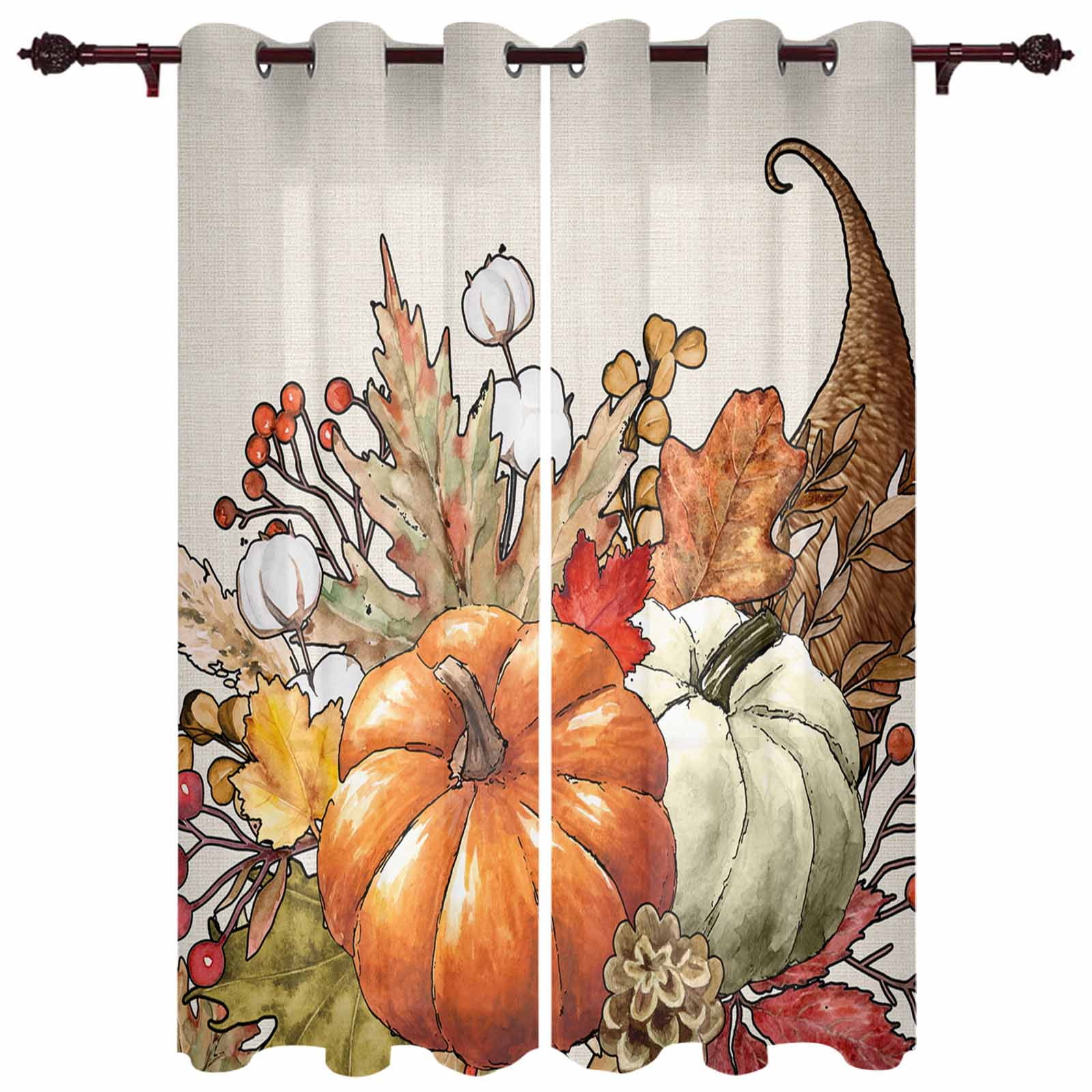 Autumn Pumpkin Cotton Maple Leaves Curtains for Living Room Window ...