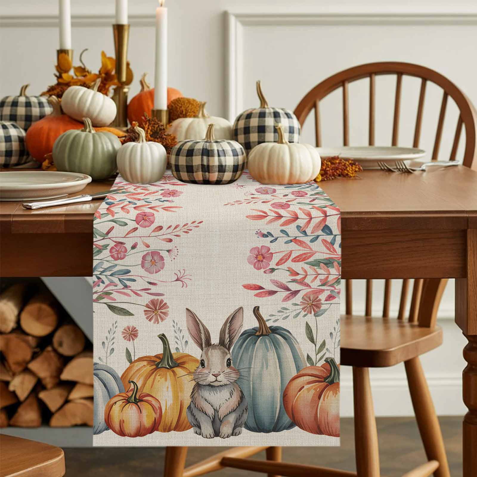 Autumn Pumpkin Cute Rabbit Table Runner 13x72in Non-Slip Cotton Linen ...