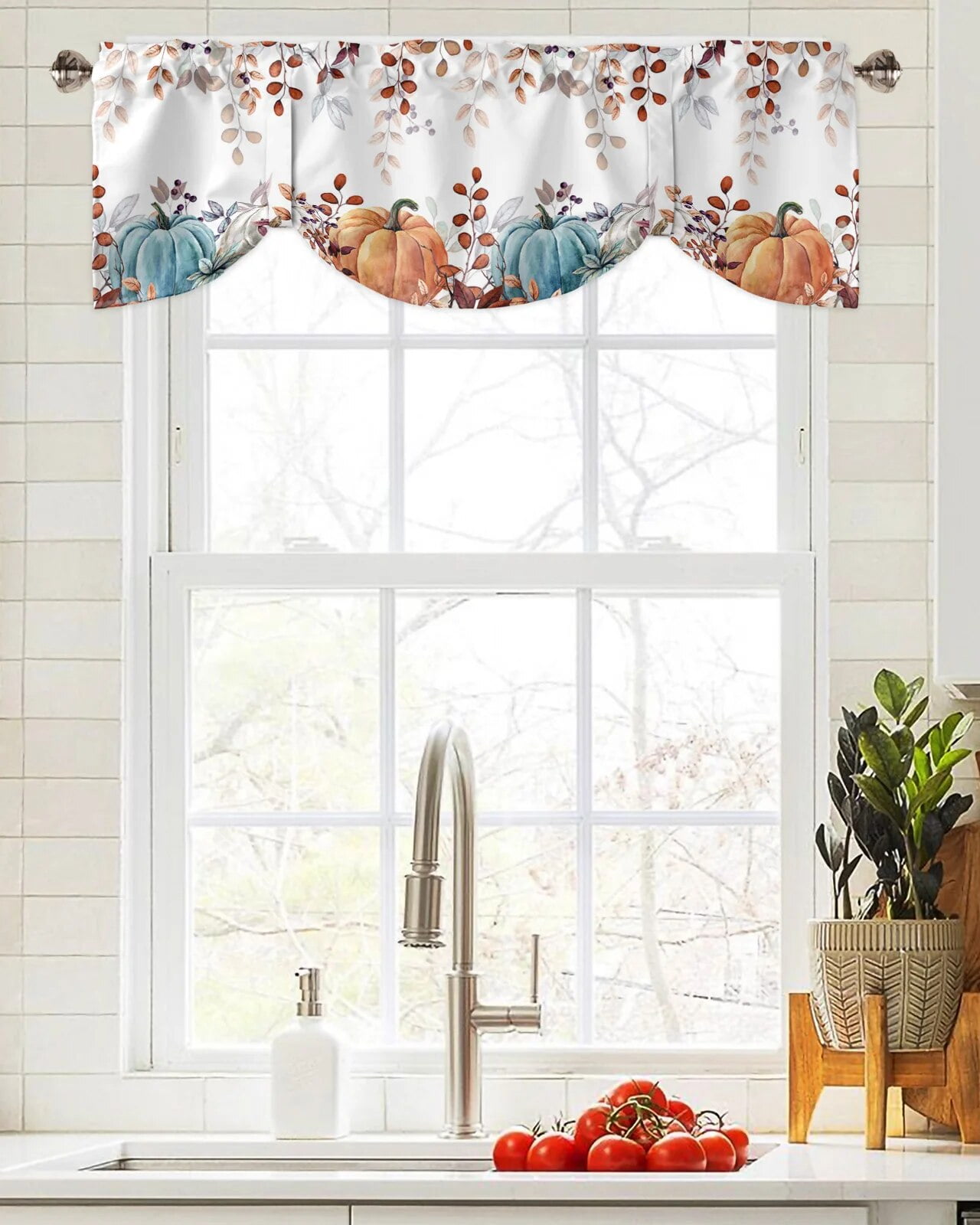 Autumn Pumpkin Eucalyptus Leaves Window Curtain Living Room Kitchen ...