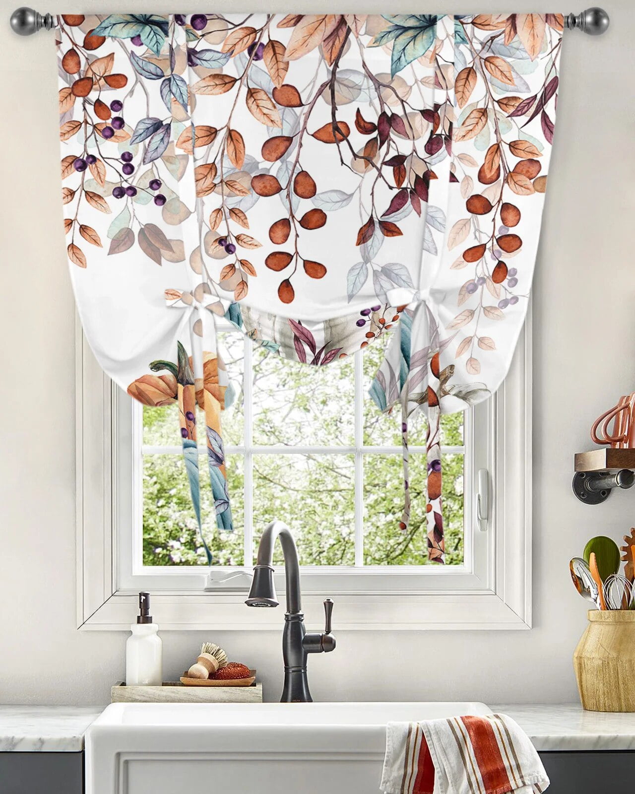 Autumn Pumpkin Eucalyptus Leaves Window Curtain for Living Room Kitchen ...