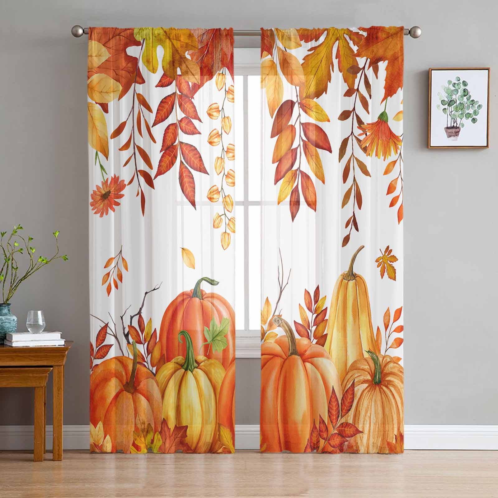 Autumn Pumpkin Fallen Leaves Window Tulle Curtains for Living Room ...