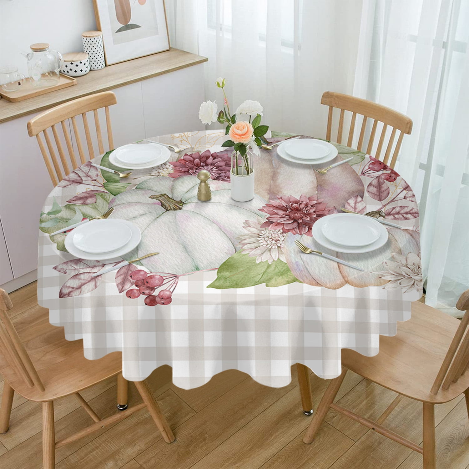 Autumn Pumpkin Floral Plaid Tablecloths for Dining Table Waterproof ...
