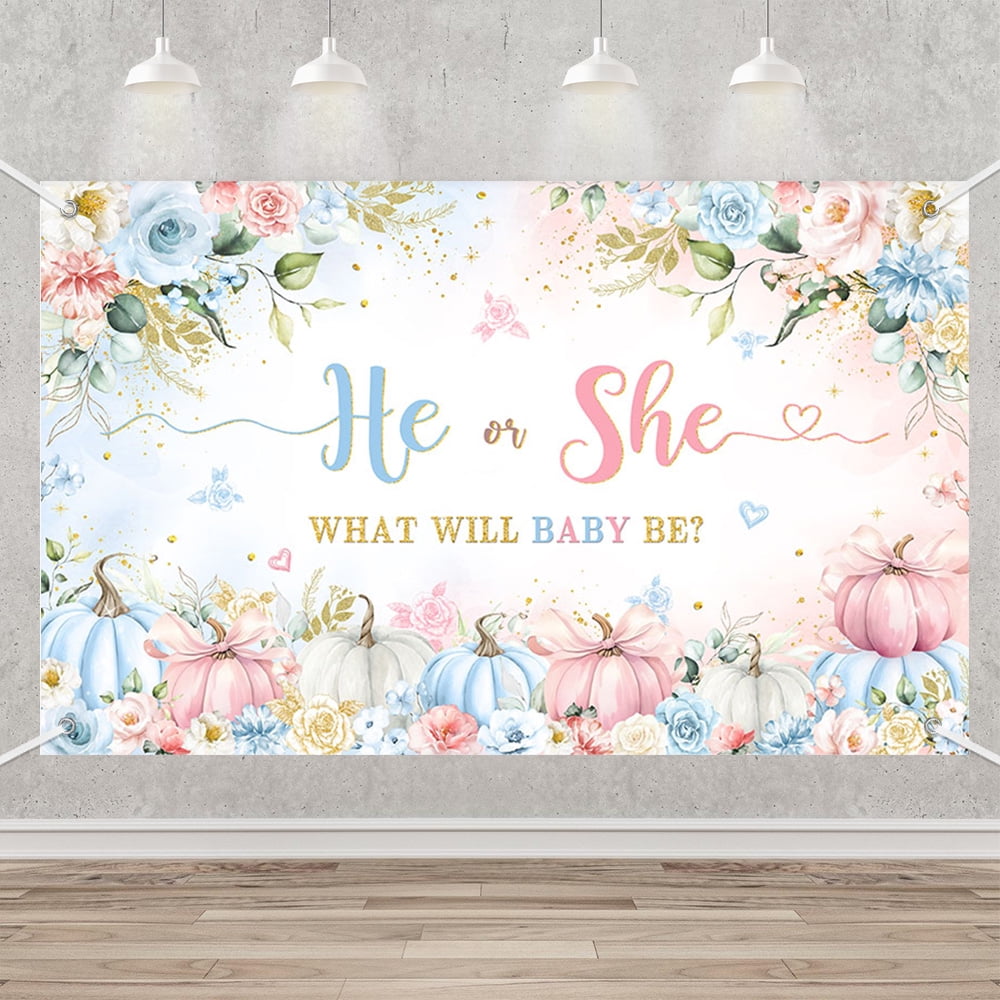Autumn Pumpkin Gender Reveal Banner Foral He or She Pumpkin Gender ...