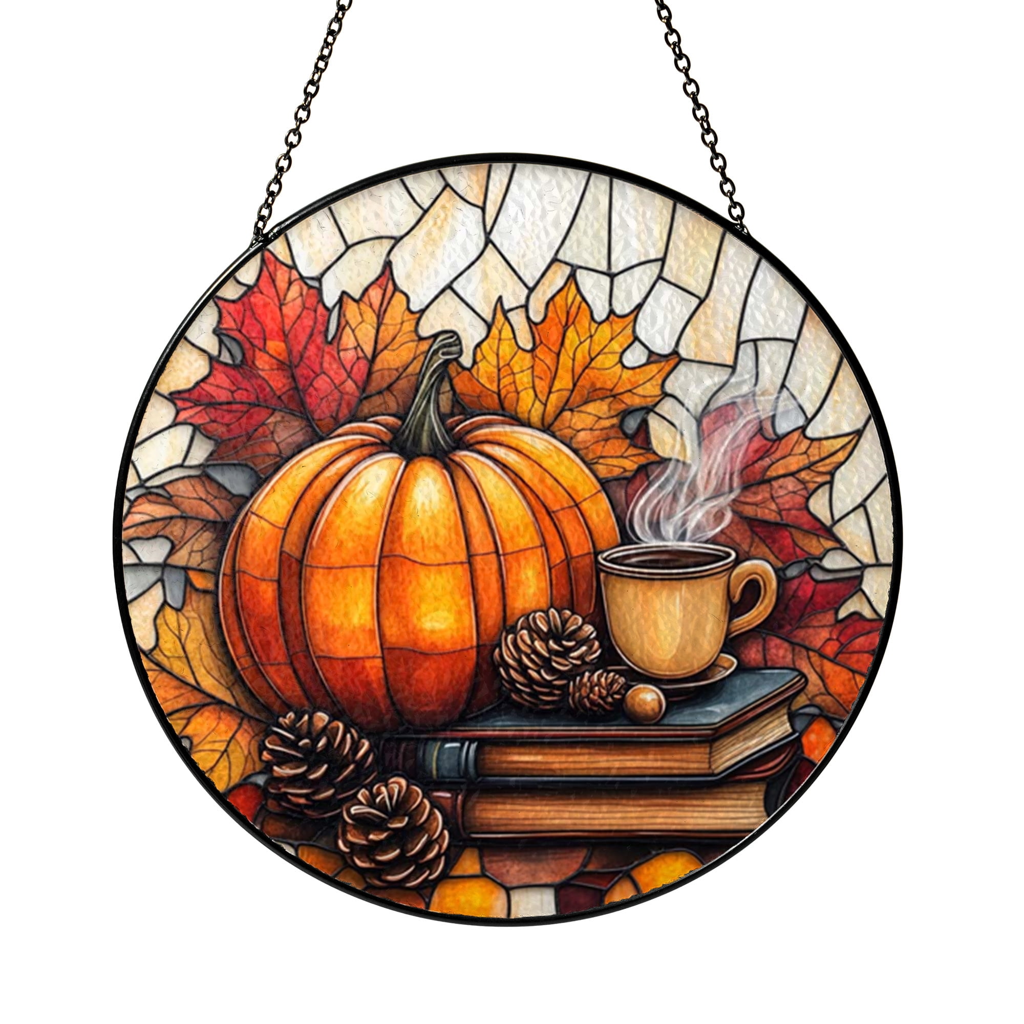 Autumn Pumpkin Harvest Stained Glass Style Window Decor, Fall Hanging ...