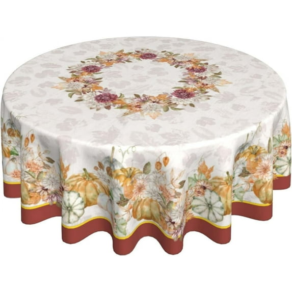 Autumn Pumpkin Harvest Tablecloth Round 60 Inch Thanksgiving Fall Leaf ...