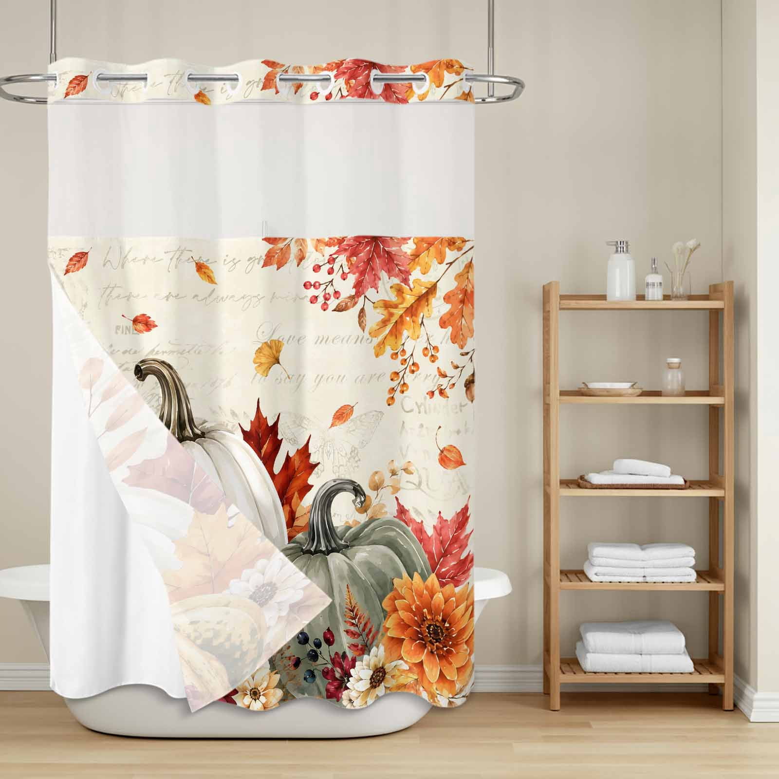 Autumn Pumpkin No Hook Shower Curtain with Snap in Liner, Orange White ...