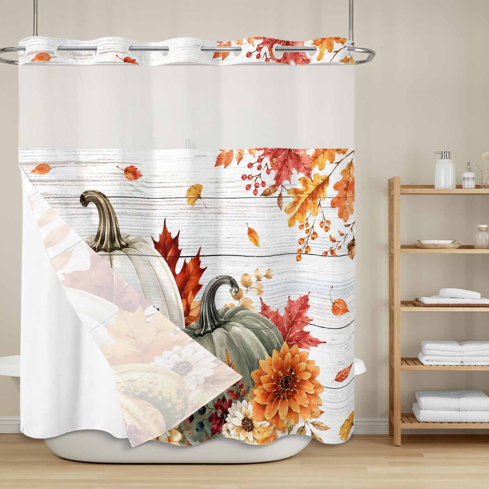 Autumn Pumpkin No Hook Shower Curtain with Snap in Liner, Orange White ...