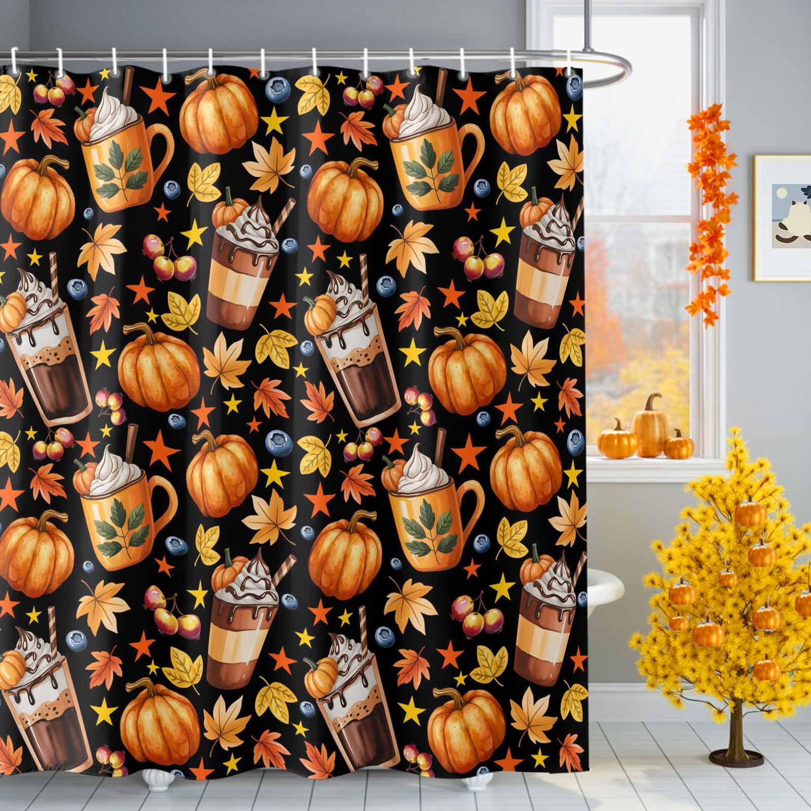 Autumn Pumpkin Latte Berries Shower Curtain for Bathroom, Fall Maple ...