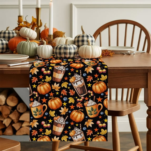 Autumn Pumpkin Latte Berries Table Runner 13x72in Non-Slip Cotton Linen ...