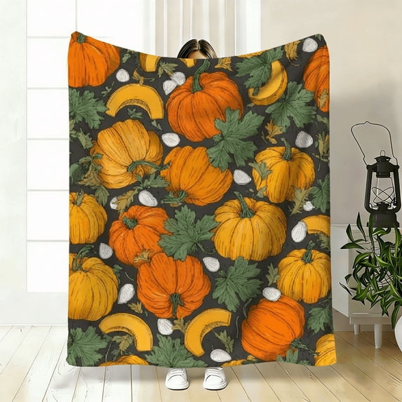 Autumn Pumpkin Leaf-Themed Polyester Flannel Blanket – Soft, Warm Throw ...