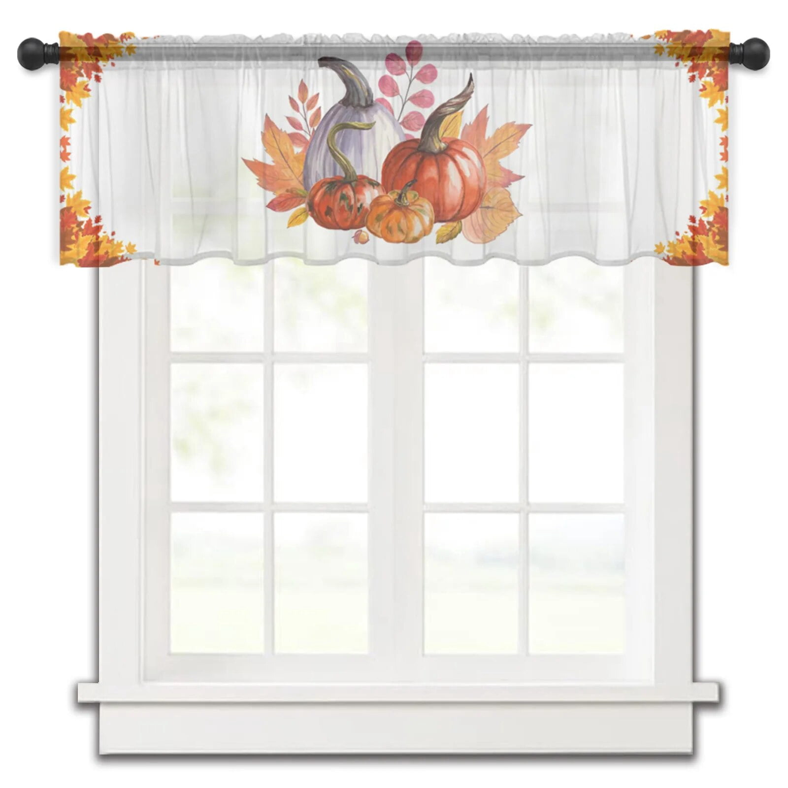 Autumn Pumpkin Leaves Crops Kitchen Small Window Curtain Tulle Sheer ...
